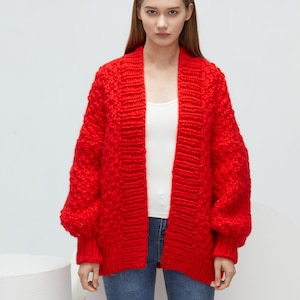 Hand Knit Oversize Woman Sweater Chunky Slouchy Red Wool Cardigan - Etsy