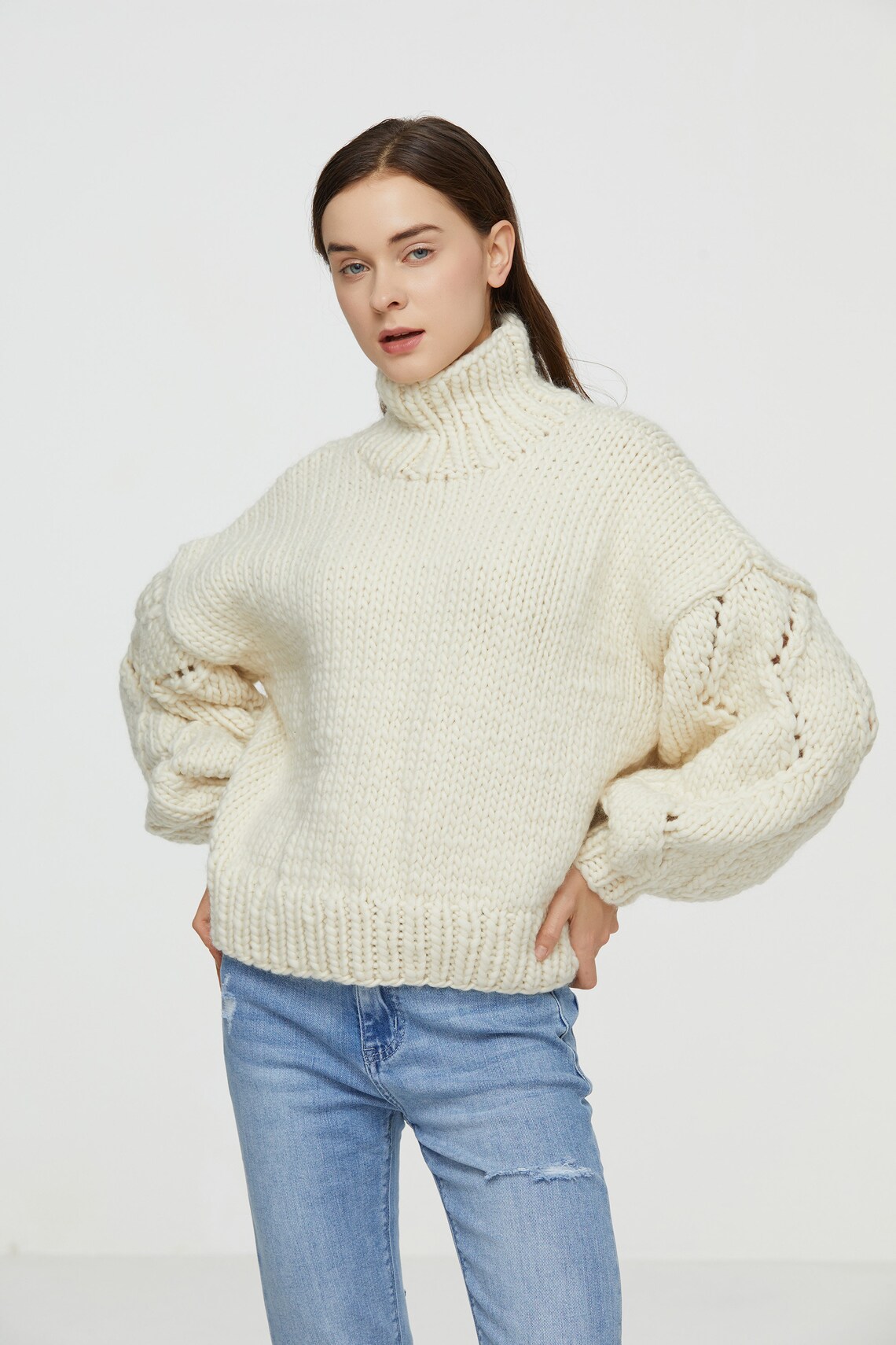 Hand Knit Oversize Woman Pullover Sweater Slouchy Wool Turtleneck ...