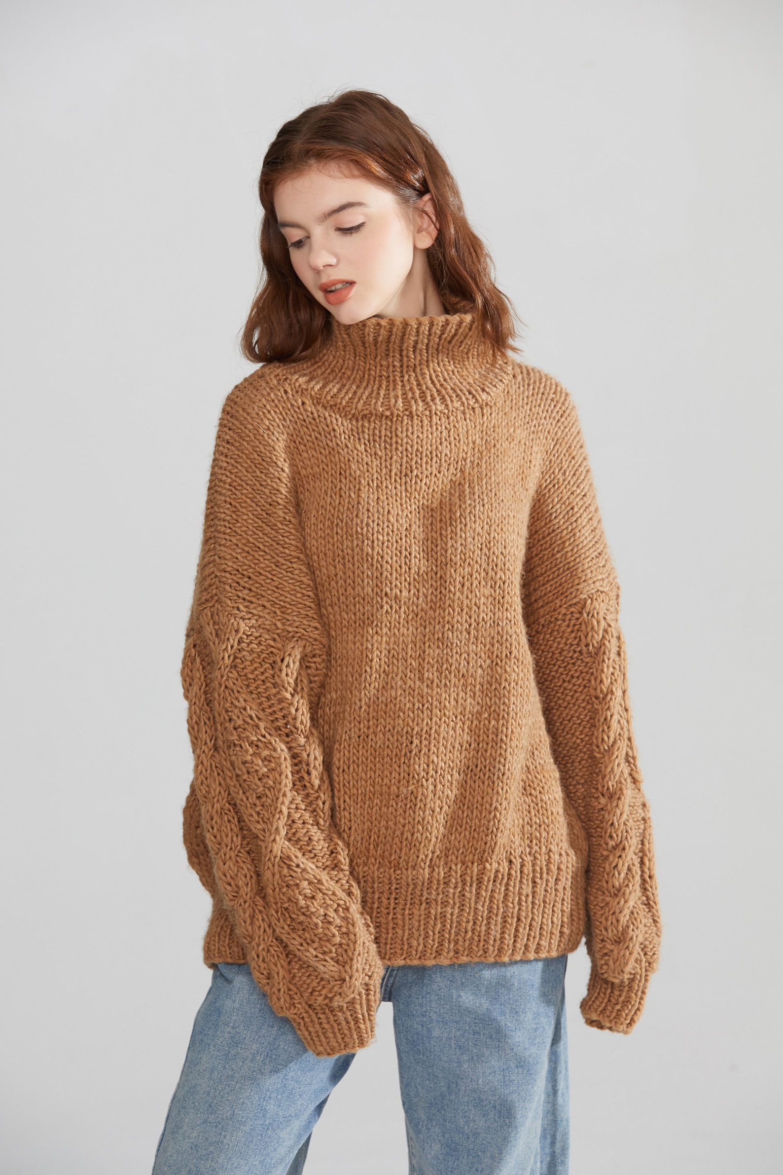 Hand Knit Oversize Woman Pullover Sweater Slouchy Wool Camel Turtleneck ...