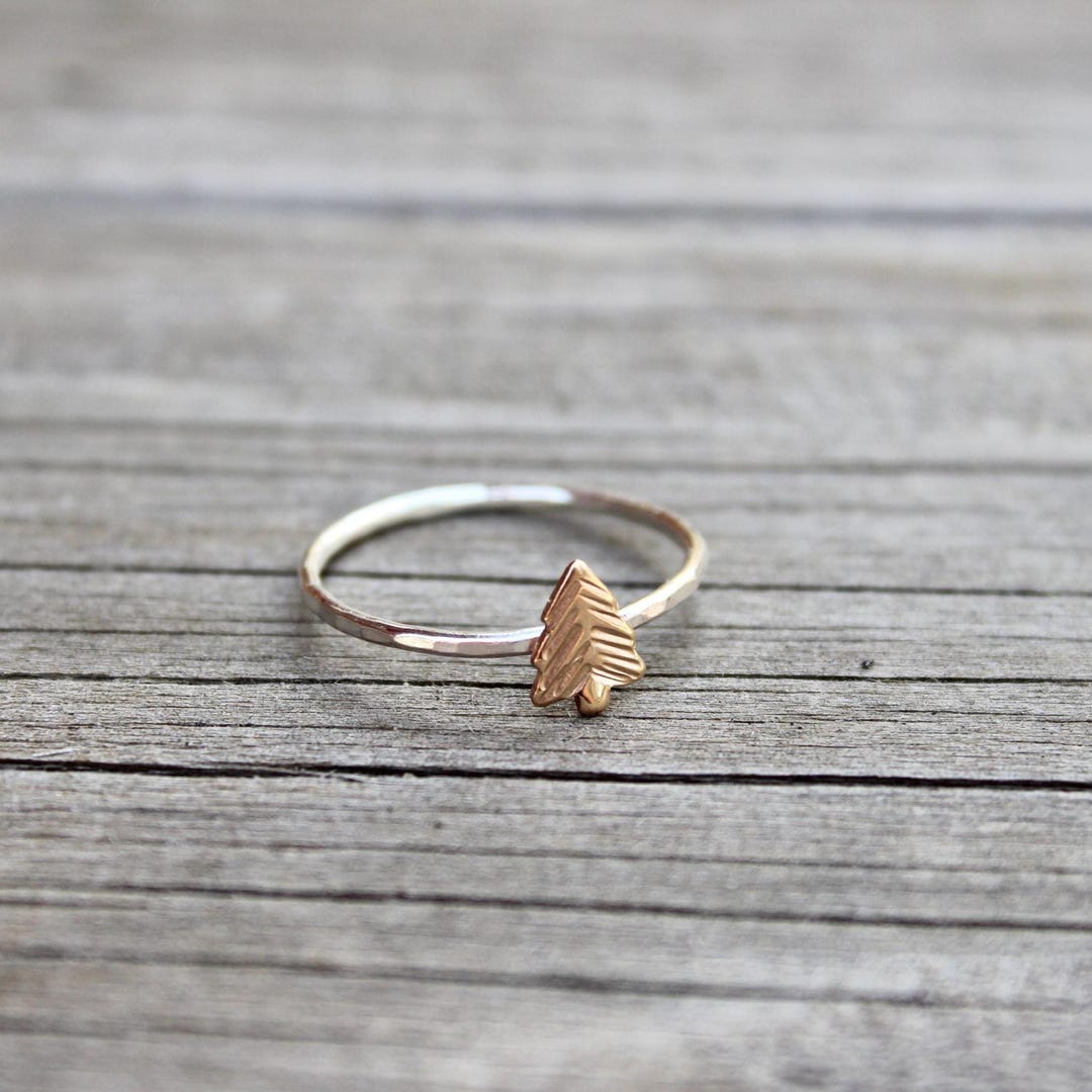 Pine Tree Ring With Gold Filled Tree Silver Band, Hammered Silver ...