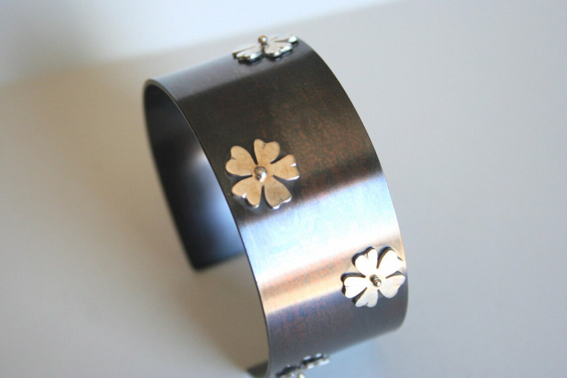 Rustic Mixed Metal Cuff With Tiny Silver Flowers and Dark - Etsy
