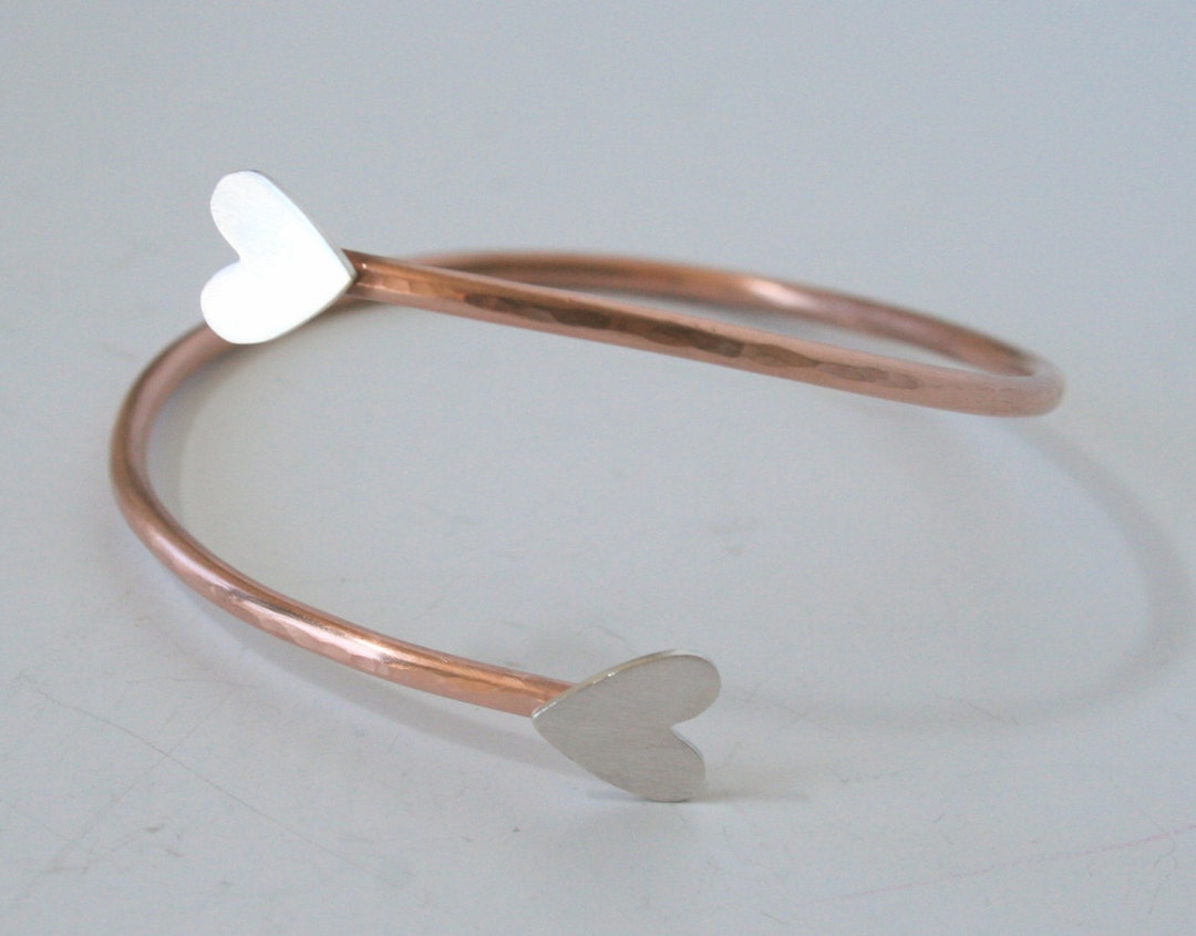 Copper and Silver Heart Cuff Bracelet, Open Cuff Bracelet, Open Bangle ...