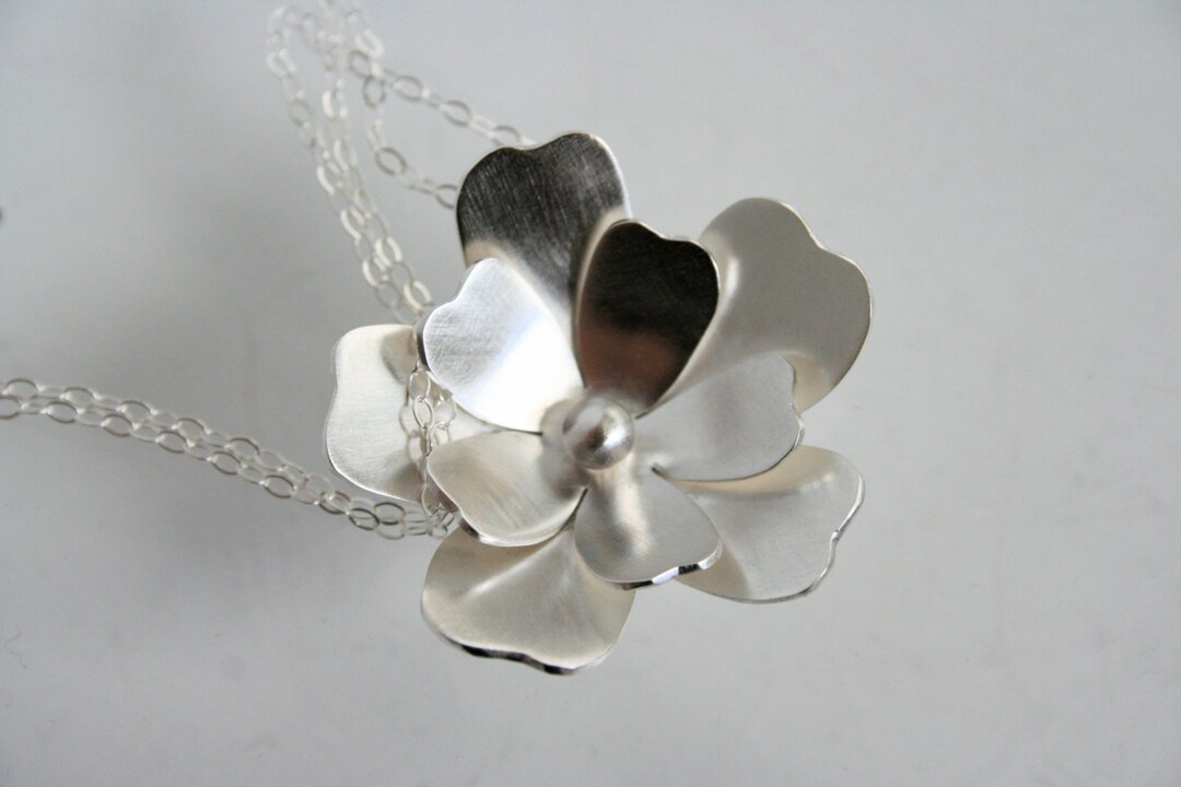 Silver Flower Necklace, Silver Statement Necklace, Big Flower Necklace ...