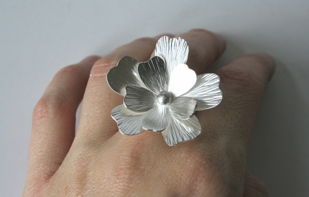 Giant Silver Flower Ring, Huge Flower Ring, Statement Ring, Cocktail ...