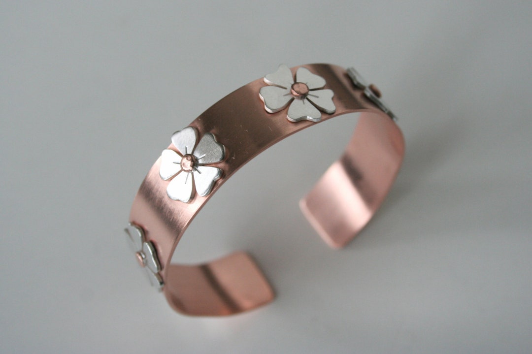 Rustic Copper Cuff Bracelet, Silver Flowers Jewelry, Country Chic, Boho ...