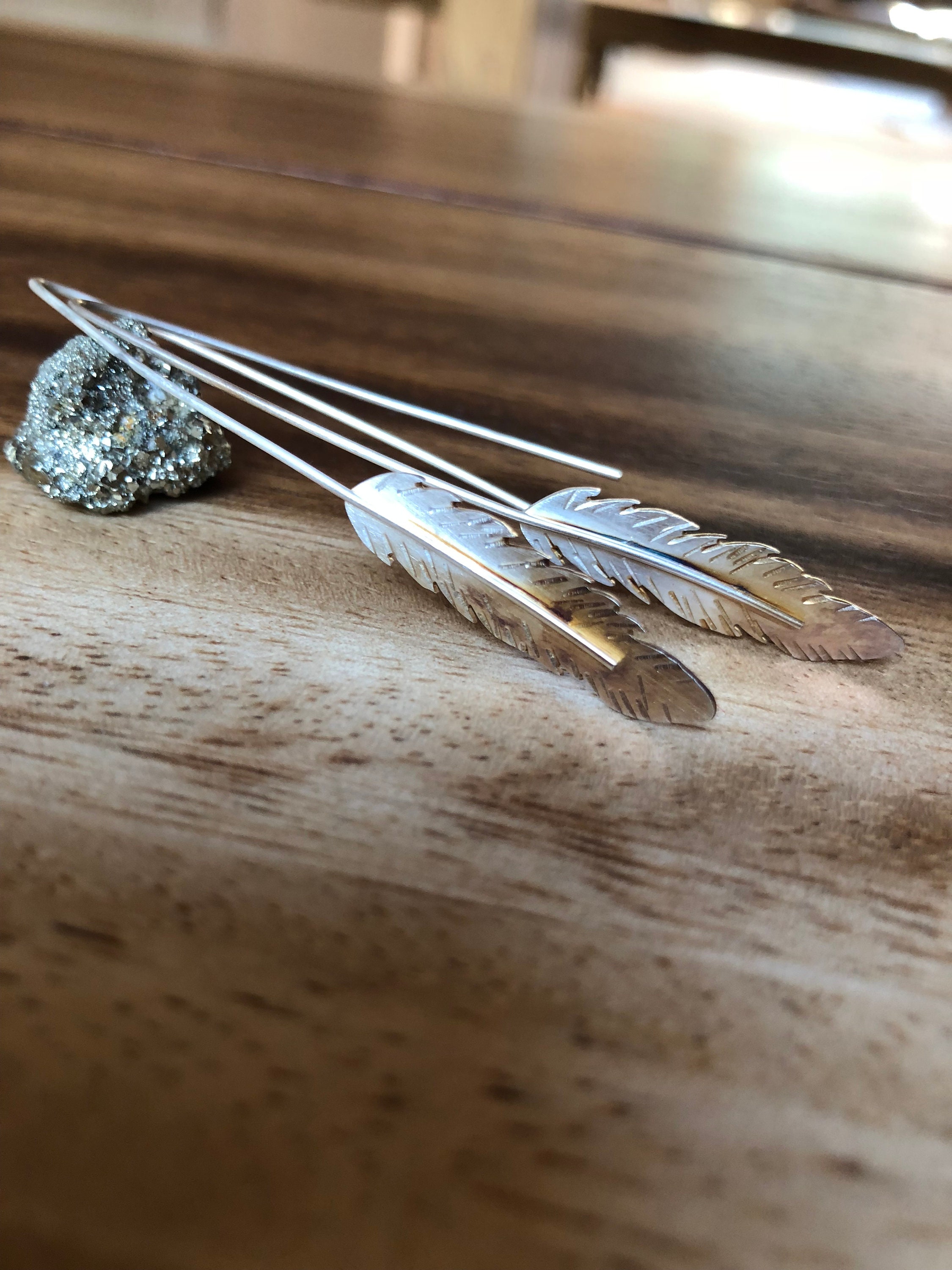 Sterling Silver Rustic Feather Earrings Rustic Earrings | Etsy