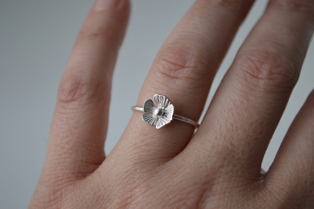 Dainty Silver Poppy Ring, Delicate Floral Stacking Ring, Flower Jewelry ...