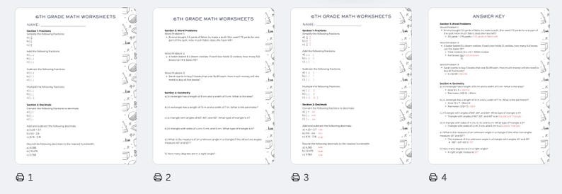 6th Grade Math Worksheet (with Answer Key) - Etsy