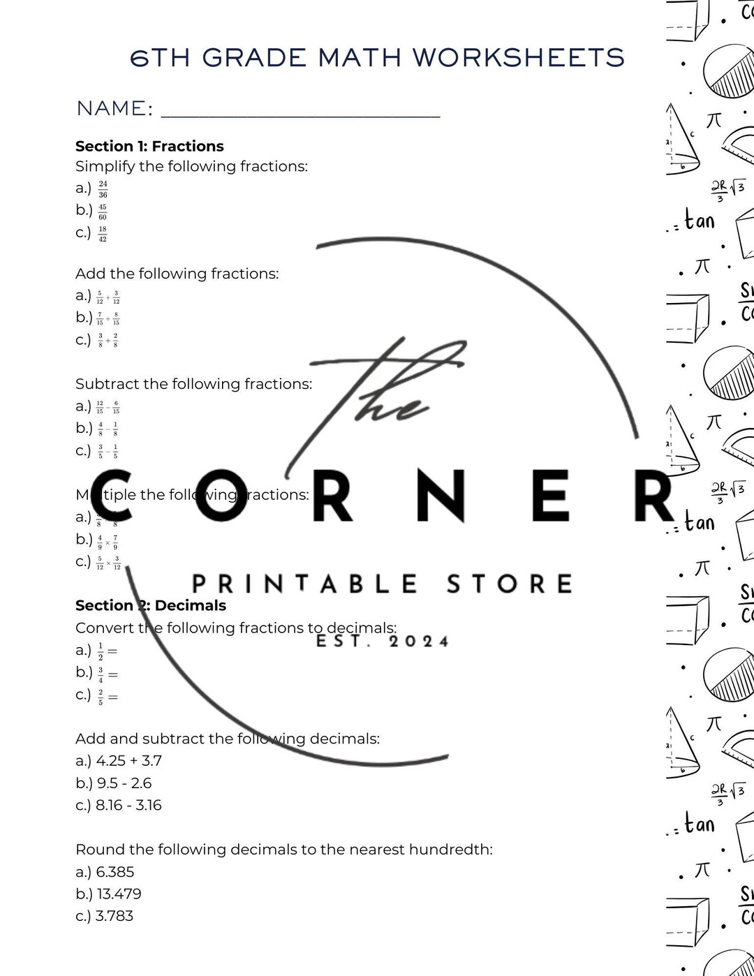6th Grade Math Worksheet (with Answer Key) - Etsy