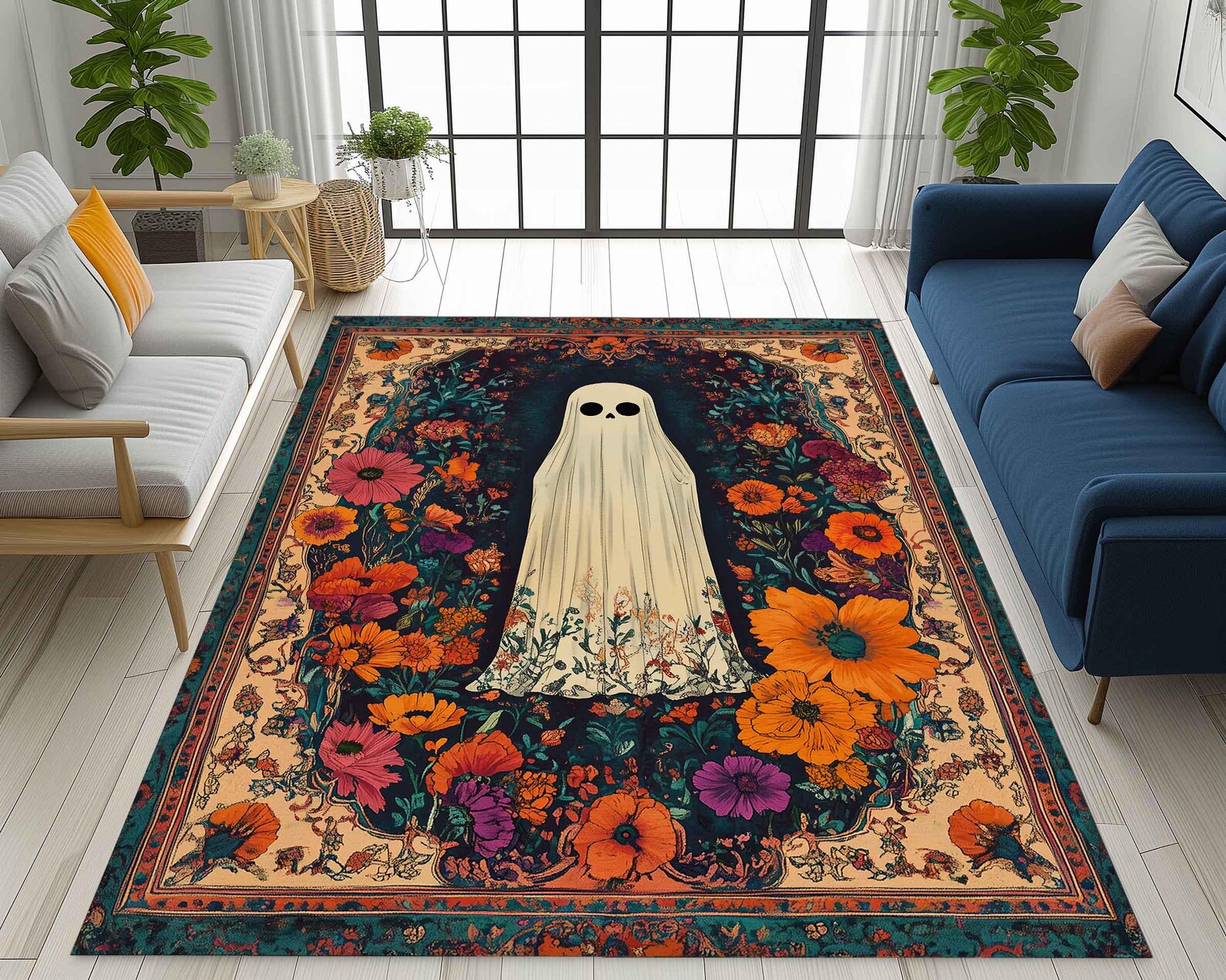 Whimsical Ghost Rug, Gothic Home Decor, Vintage Look Washable Rug ...