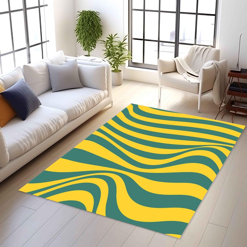 Retro Wavy Pattern Rug for Living Room, Bedroom, Colorful 70s Inspired ...