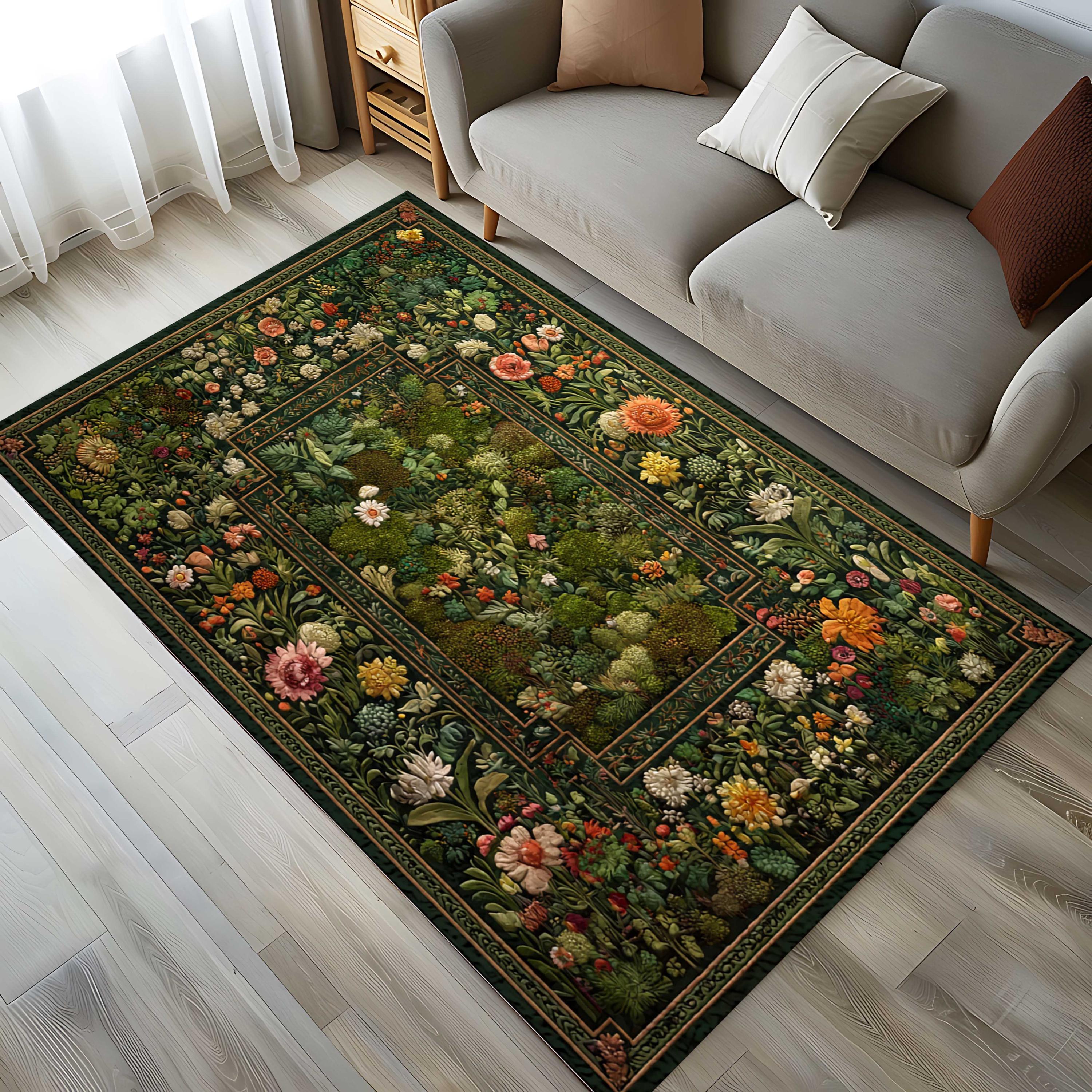 Botanical Garden Moss Rug Cottagecore Green Floral Area Carpet Washable ...