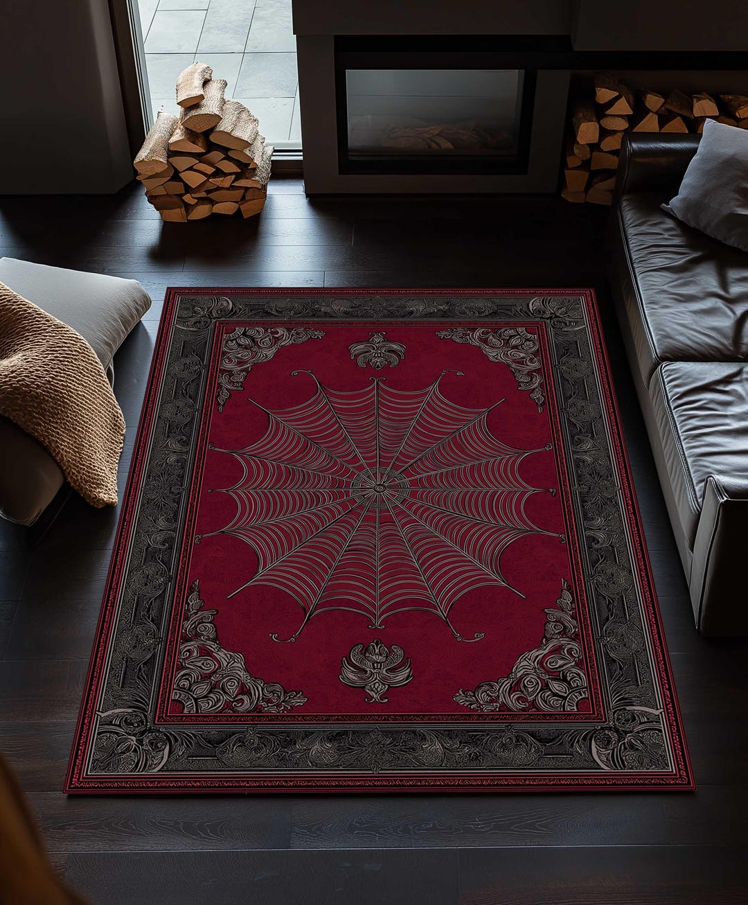 Dark Red Spider Web Rug, Gothic Washable Area Rug, Whimsigoth Living ...