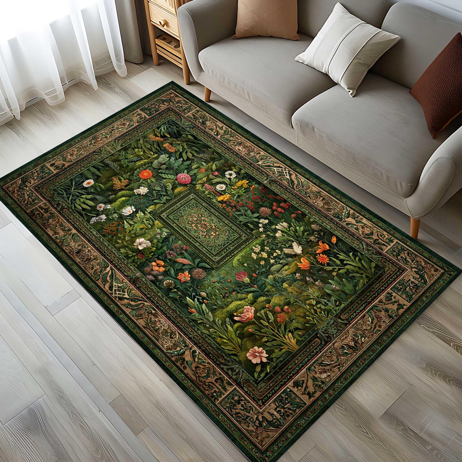Wildflower Cottagecore Rug, Botanical Moss Area Carpet, Farmhouse Green ...