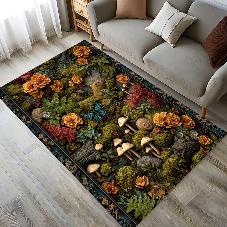 Green Moss Cottagecore Rug Botanical Floral Carpet Nature Inspired ...