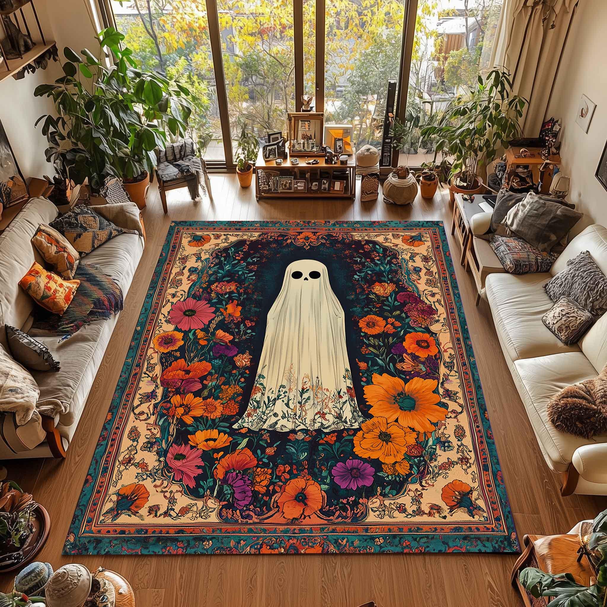 Whimsical Ghost Rug, Gothic Home Decor, Vintage Look Washable Rug ...