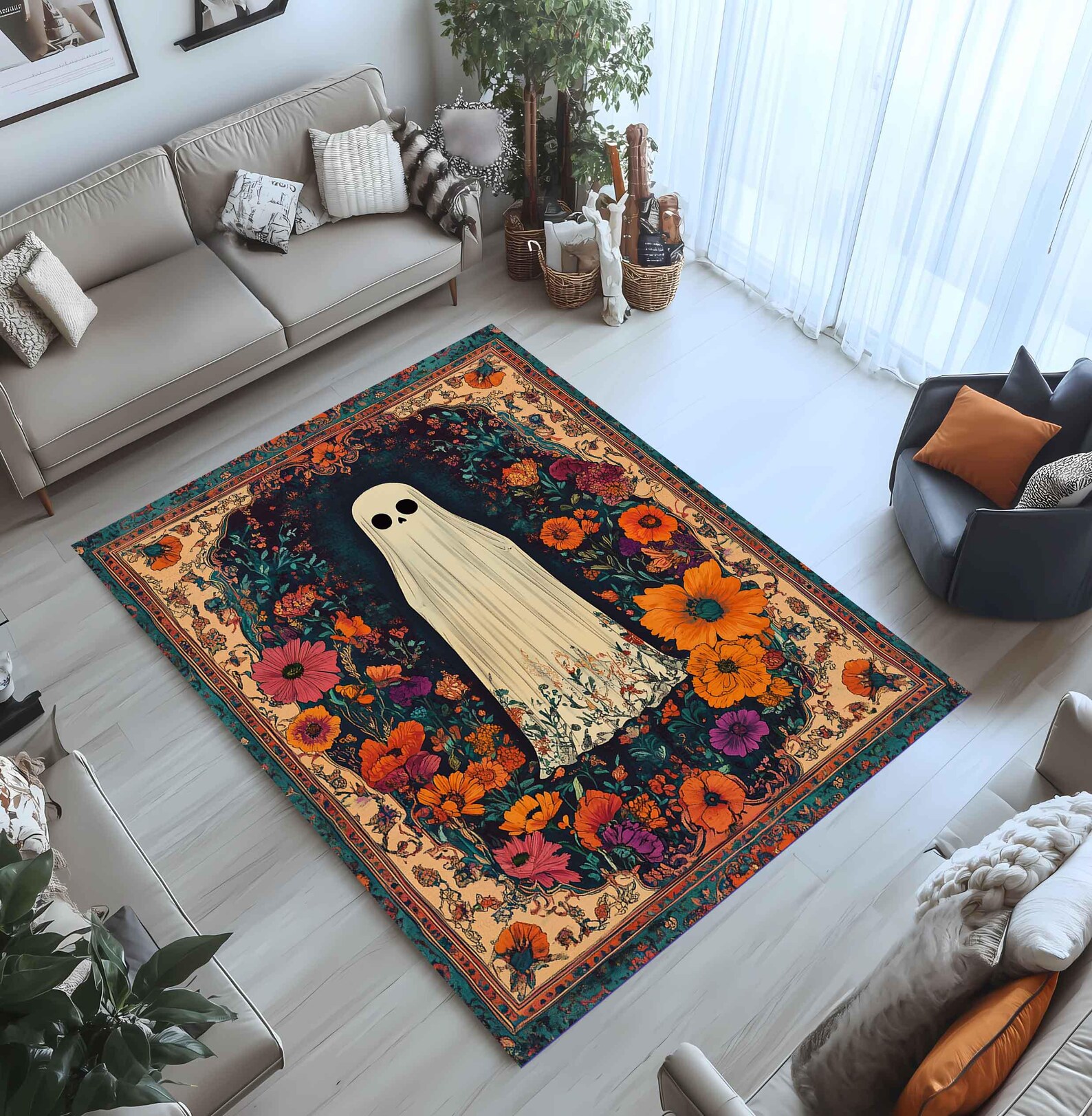 Whimsical Ghost Rug, Gothic Home Decor, Vintage Look Washable Rug ...