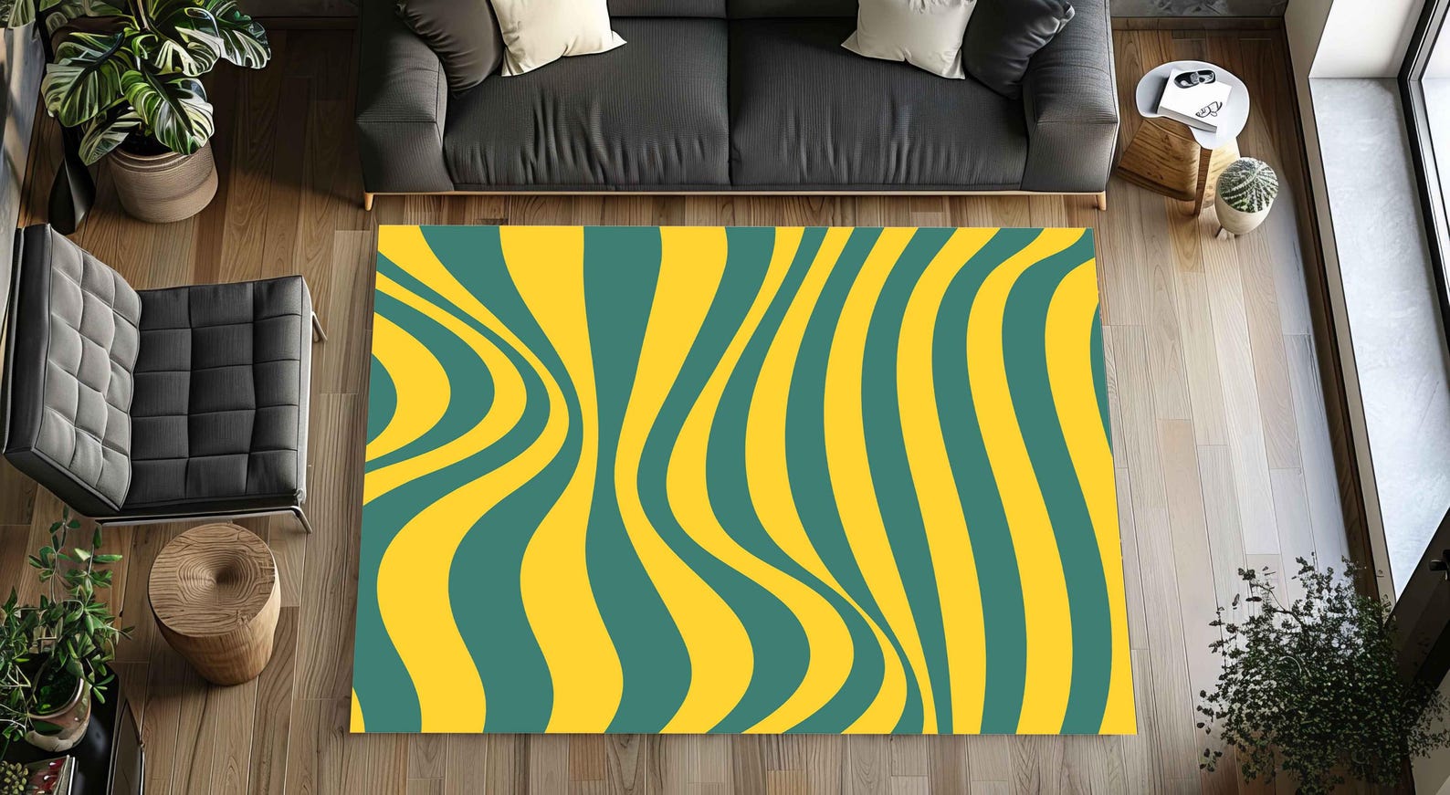 Retro Wavy Pattern Rug for Living Room, Bedroom, Colorful 70s Inspired ...