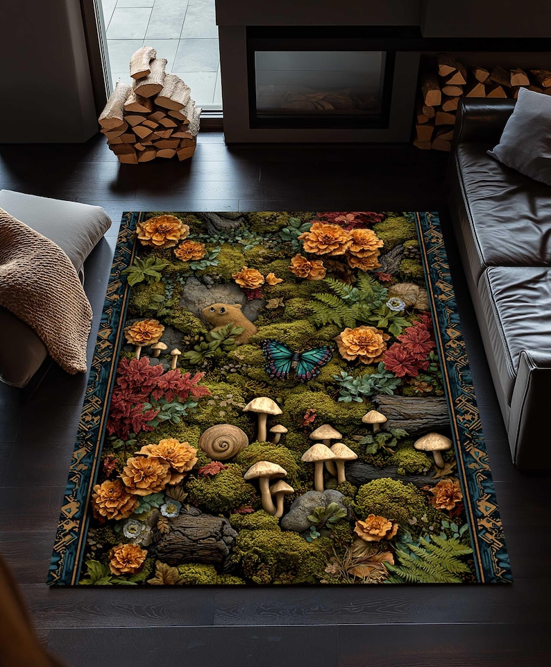 Green Moss Cottagecore Rug Botanical Floral Carpet Nature Inspired ...