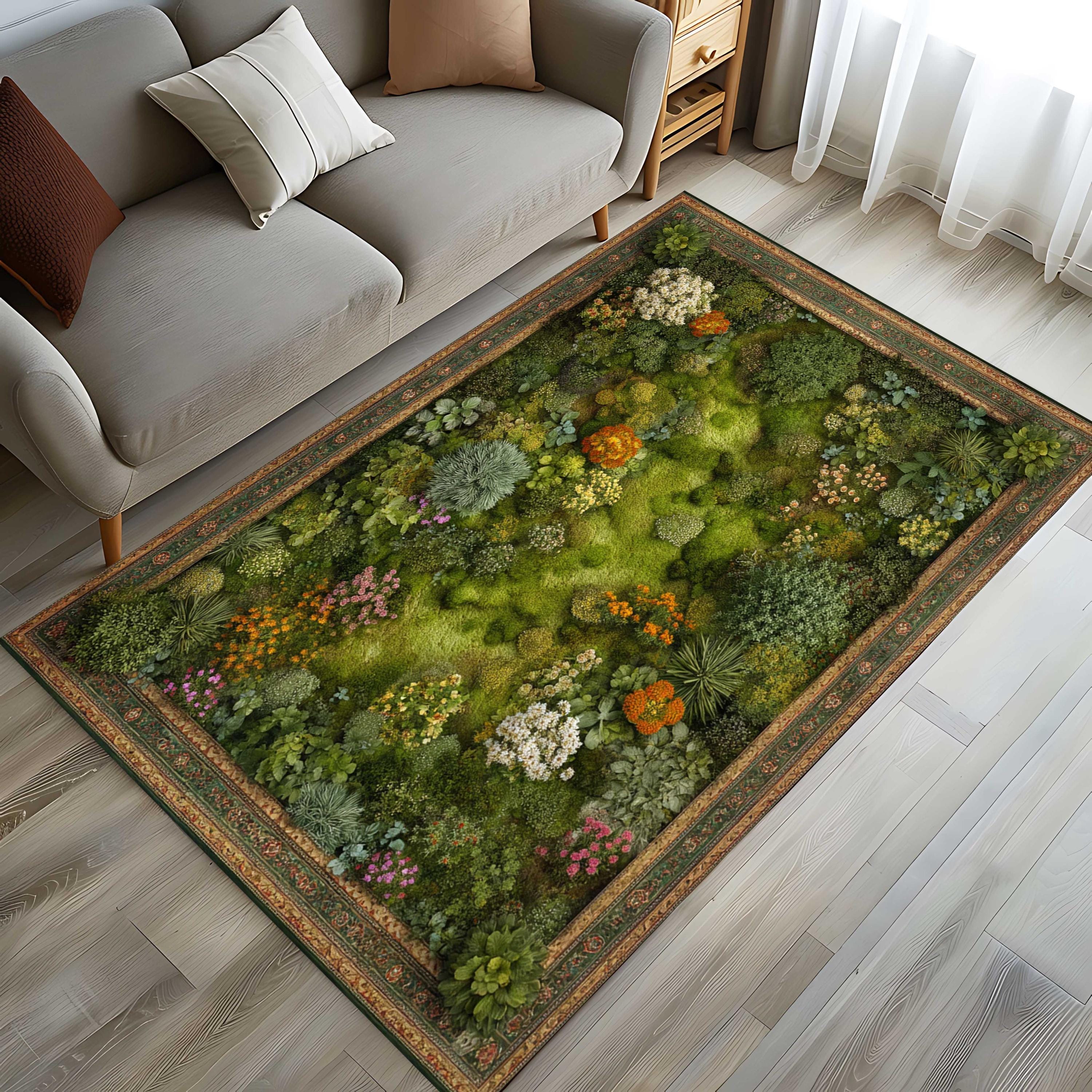 Wildflower Moss Rug, Cottagecore Plant Rug, Botanical Green Area Rug ...
