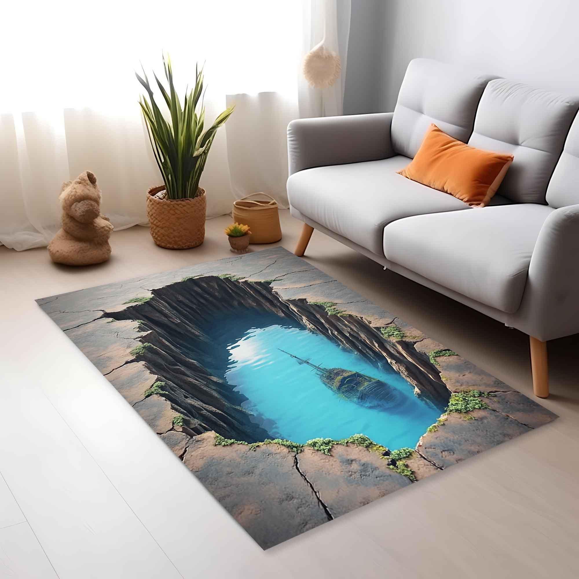 3D Rug, Custom Rug, Illusion Rug, 3D Huge Crack in Living Room Rug ...