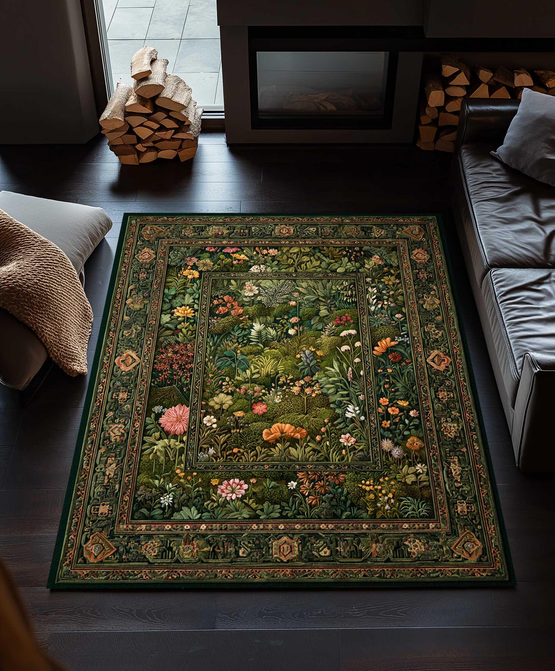 Moss Green Botanical Rug Cottagecore Floral Area Carpet Washable ...