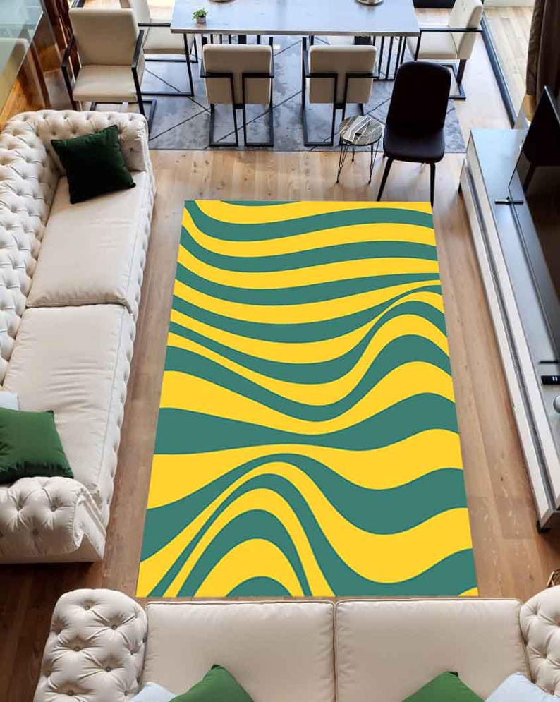 Retro Wavy Pattern Rug for Living Room, Bedroom, Colorful 70s Inspired ...