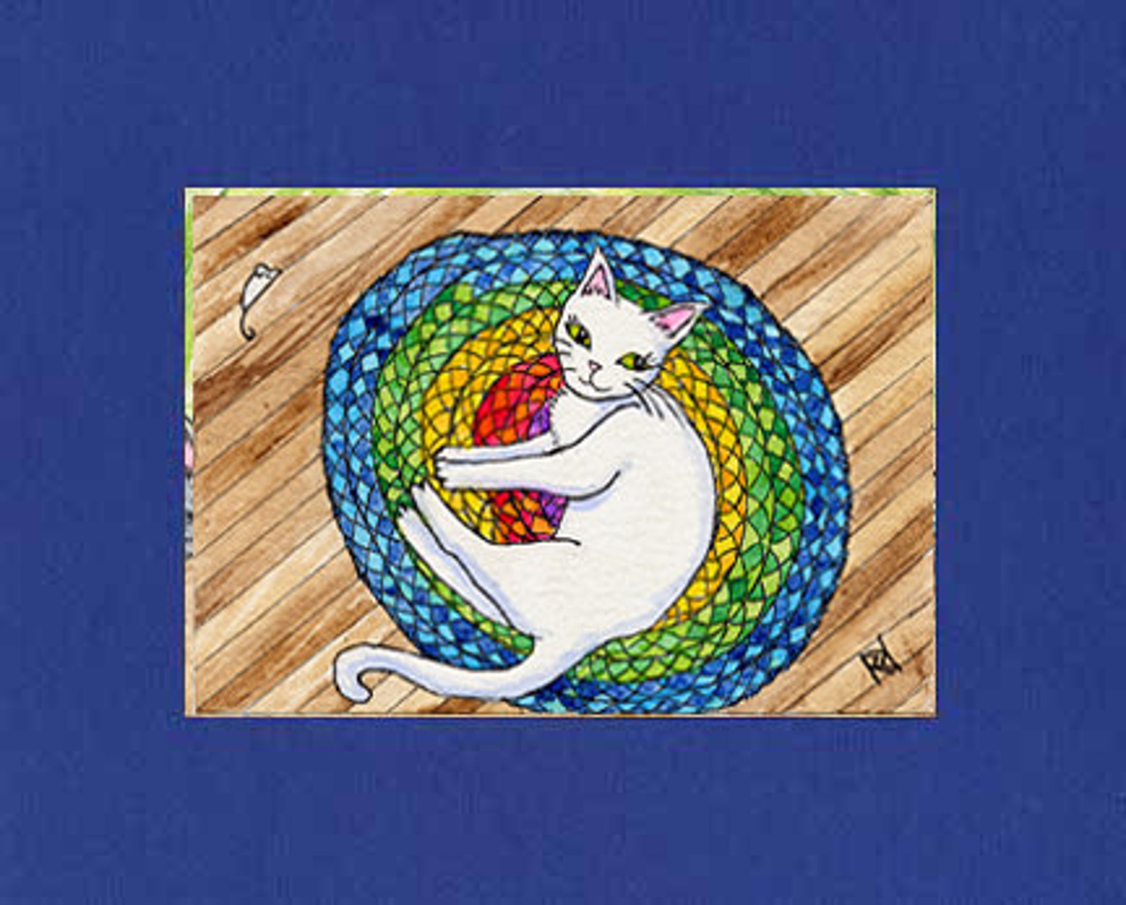 Cat on a Braided Rug Matted Print - Etsy