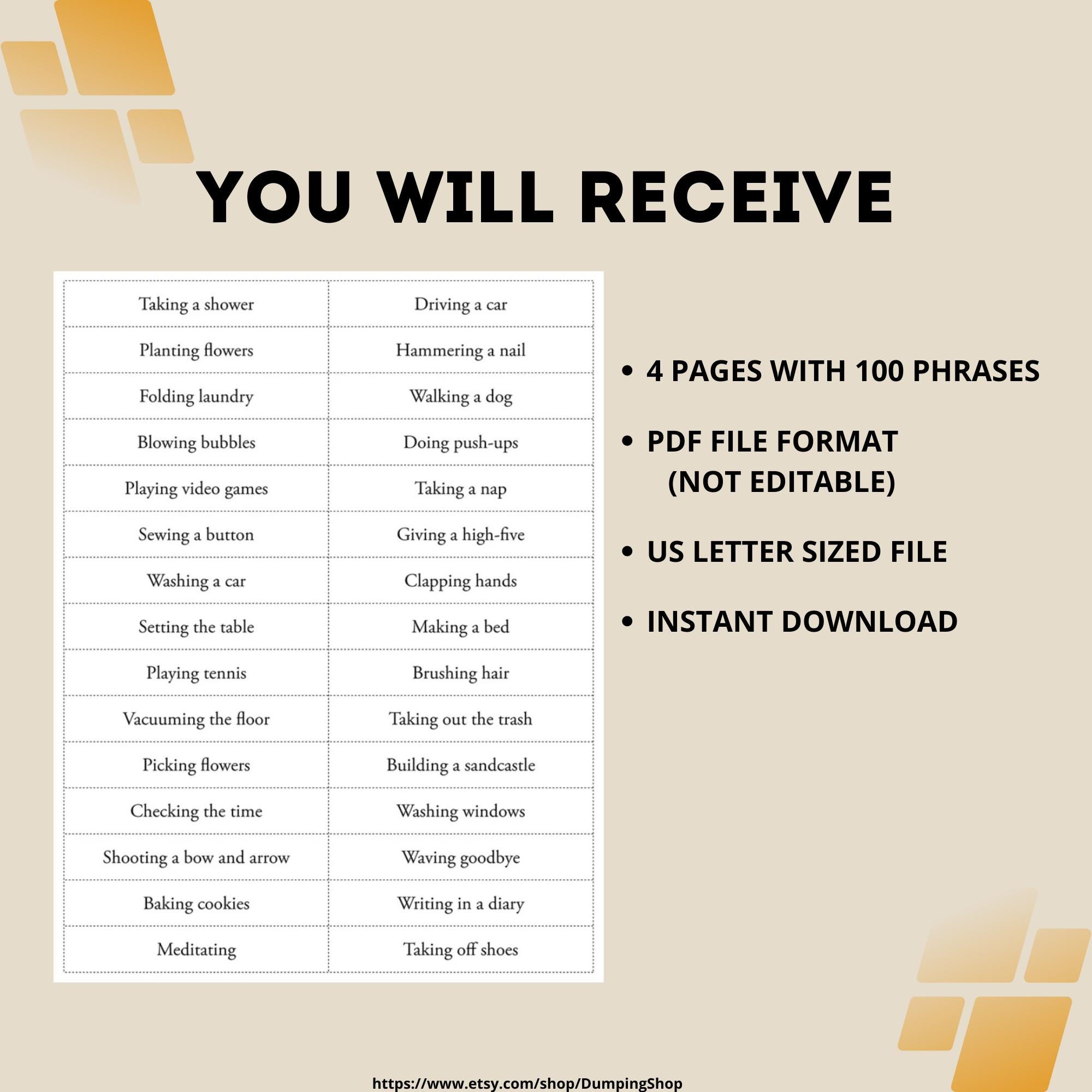 Printable Charades Set of 100 Phrases & Words. Charades Ideas. Kids ...