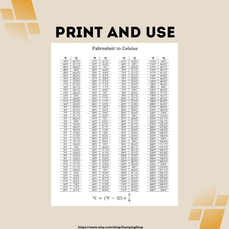 Printable Temperature Conversion Chart Fahrenheit to Celsius and ...