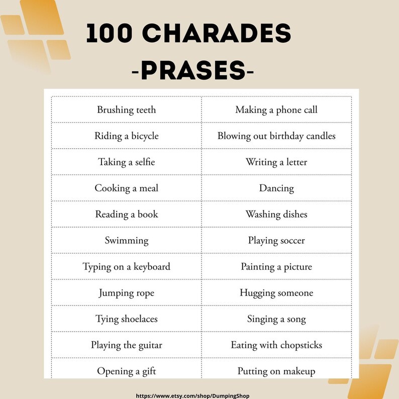 Printable Charades Set of 100 Phrases & Words. Charades Ideas. Kids ...