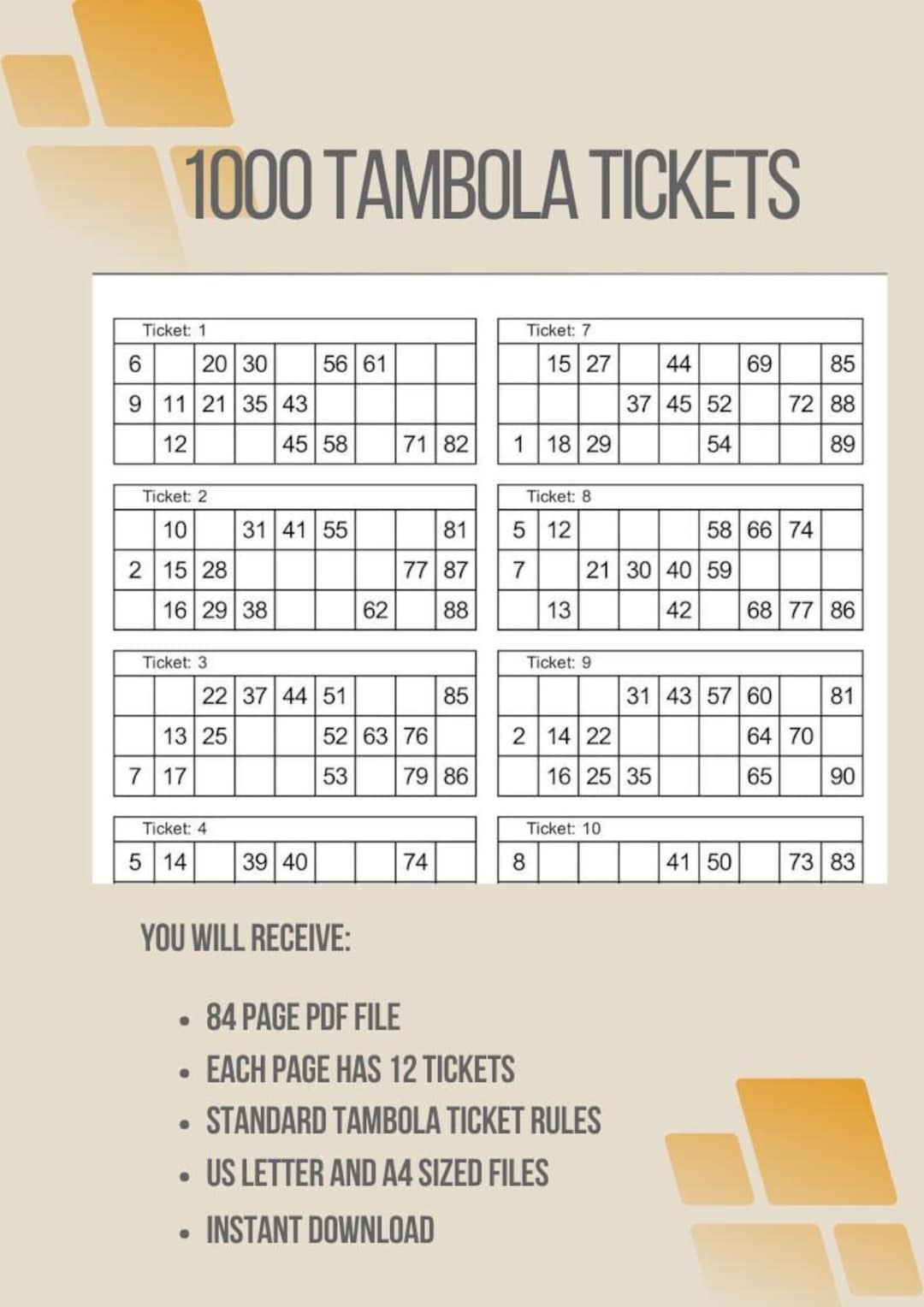 Printable Set of 1,000 Tambola Tickets. 12 Tickets per Page. 84 Pages ...