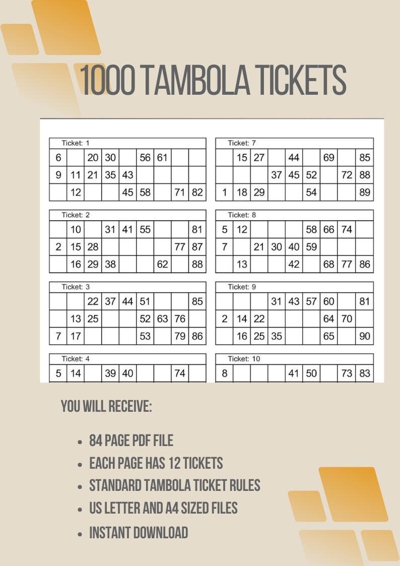 Printable Set of 1,000 Tambola Tickets. 12 Tickets per Page. 84 Pages ...