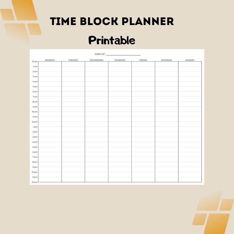 Printable Weekly Time Blocking Planner Monday or Sunday Start 24 Hour ...