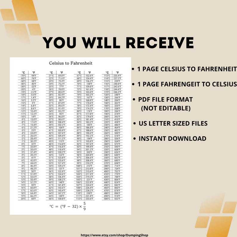 Printable Temperature Conversion Chart Fahrenheit to Celsius and ...