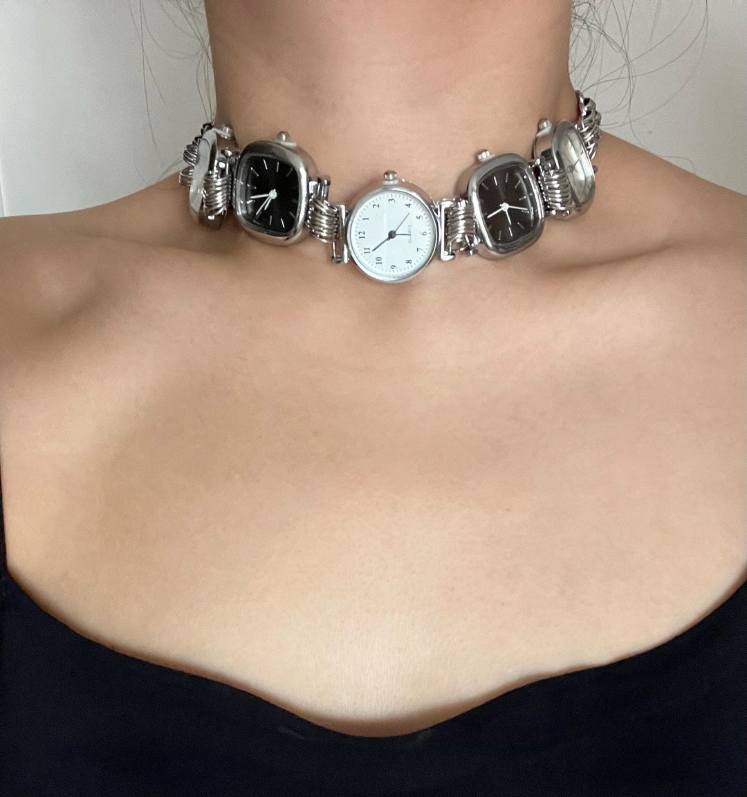 Cyberpunk White and Black Watch Faces Choker Necklace, Clock Jewelry ...