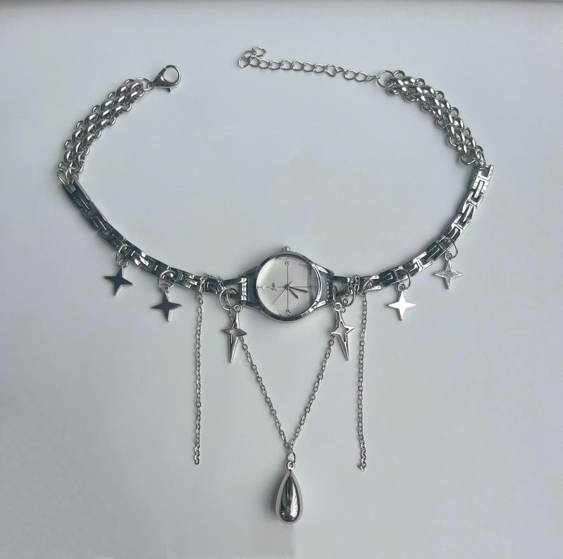 Cyberpunk Silver Watch Choker Necklace, Star Charm Necklace, Water Drop ...