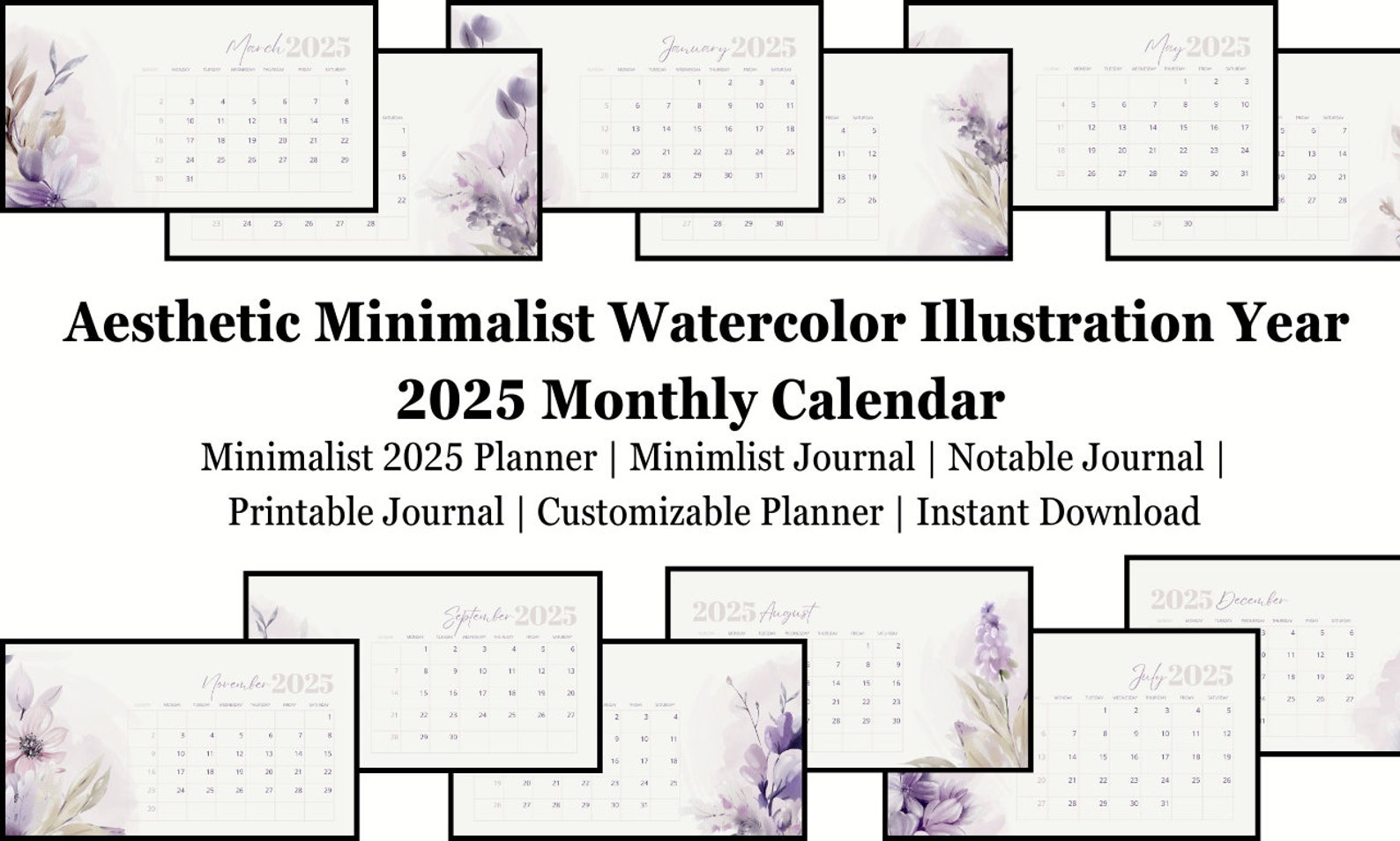 Aesthetic Minimalist Watercolor Illustration Year 2025 Monthly Calendar ...