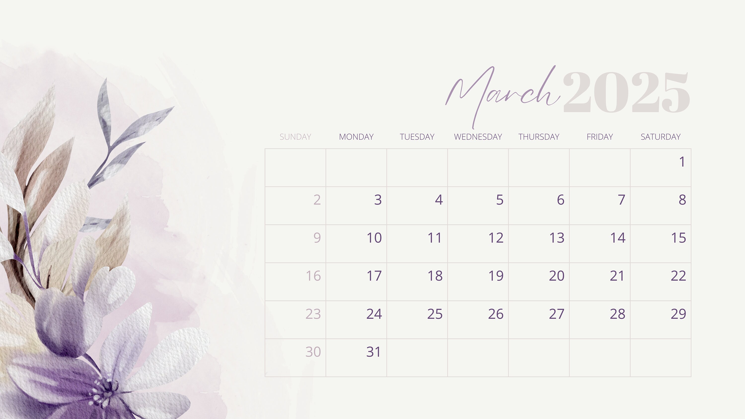 Aesthetic Minimalist Watercolor Illustration Year 2025 Monthly Calendar ...