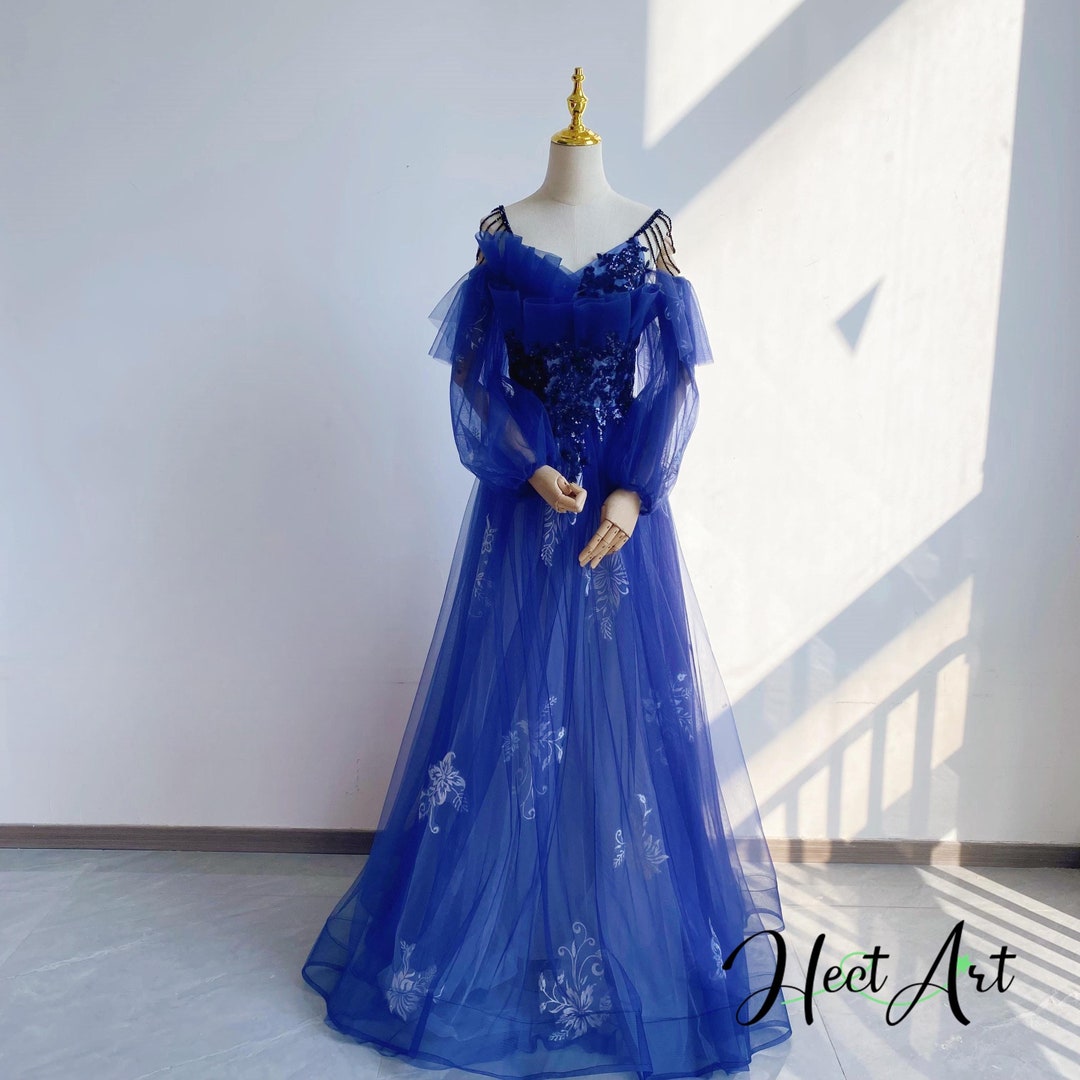 Fairy&shiny Navy Blue Princess Prom Gown,off Shoulder Raglan Long ...