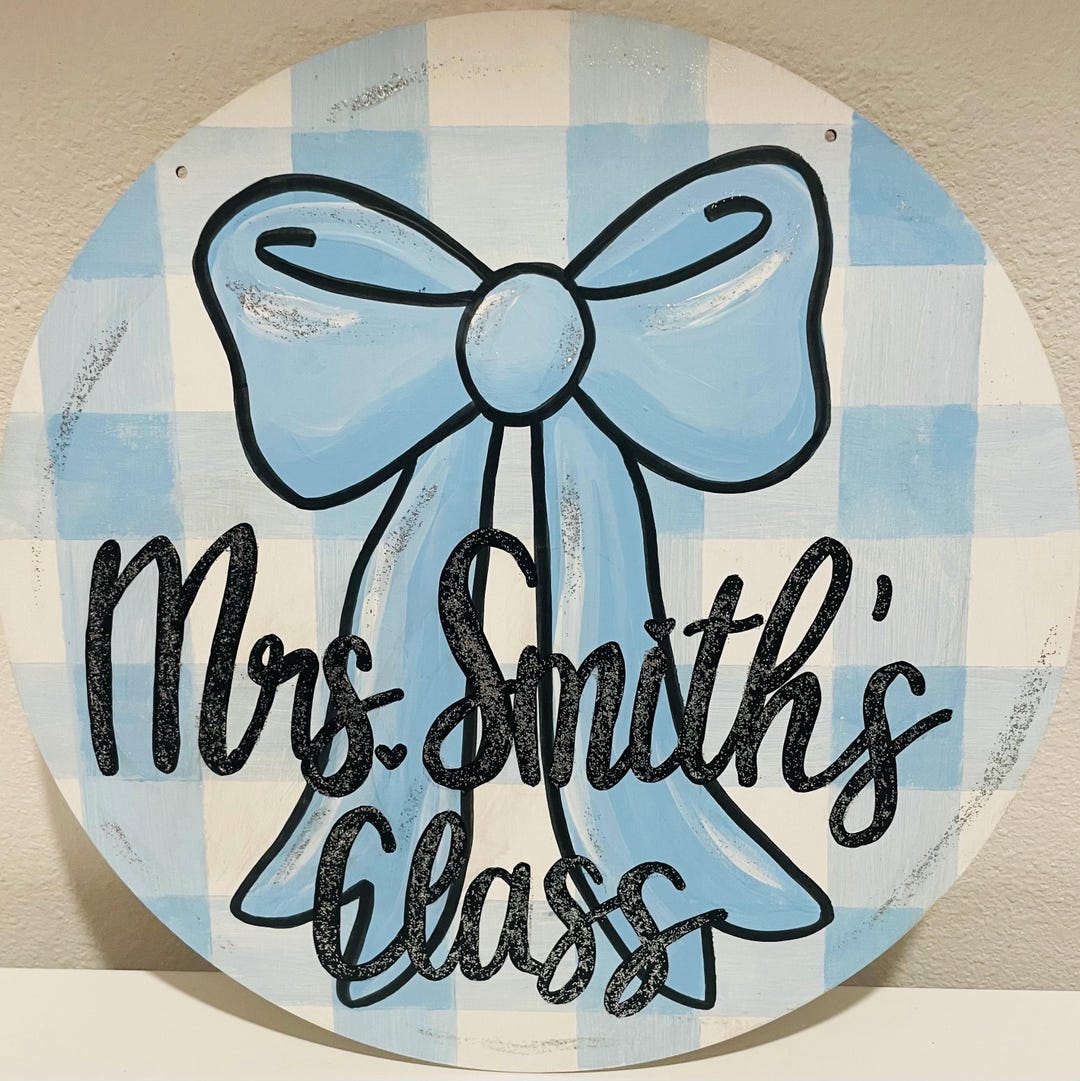Bow and Gingham Door Hanger; Personalized Teacher Door Hanger; Pastel ...