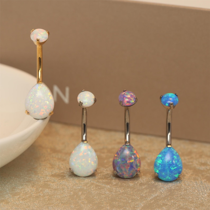 14G G23 Titanium Belly Button Ring With Waterdrop Opal 10mm Prong Set ...