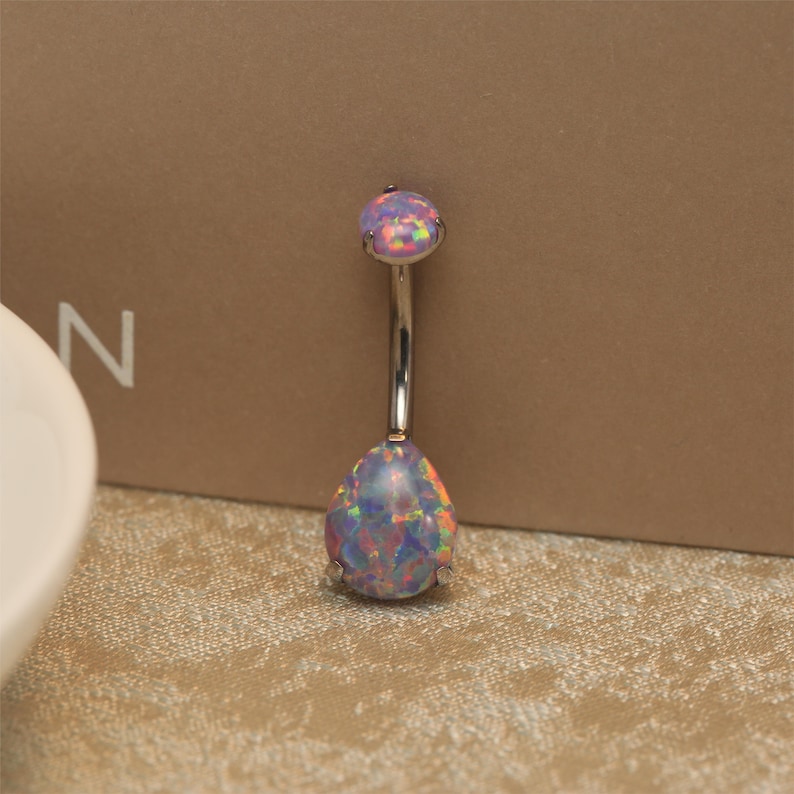 14G G23 Titanium Belly Button Ring With Waterdrop Opal 10mm Prong Set ...