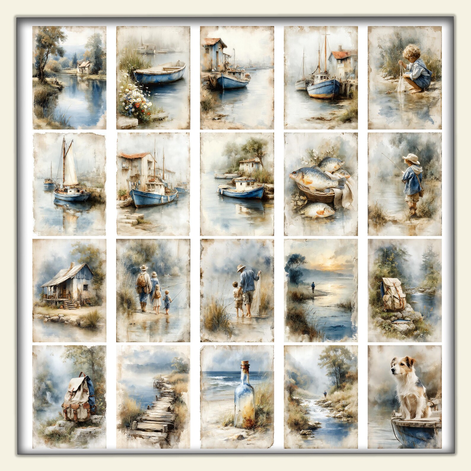 Fishing Digital Papers - A4 Size, Printable Vintage Coastal, Lake, Sea ...