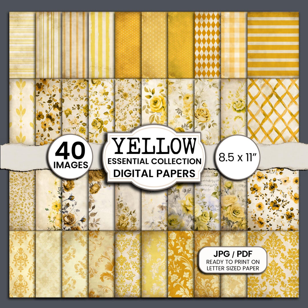 Vintage Yellow Paper Collection: Floral, Damask, Stripes (digital ...