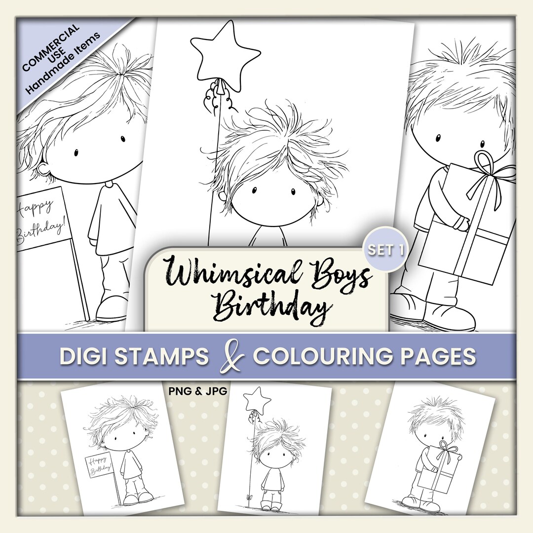 Whimsical Boys Birthday Clipart: Digital Stamps & Coloring Pages (PNG ...