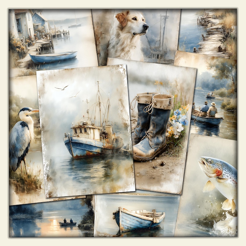 Fishing Digital Papers - A4 Size, Printable Vintage Coastal, Lake, Sea ...