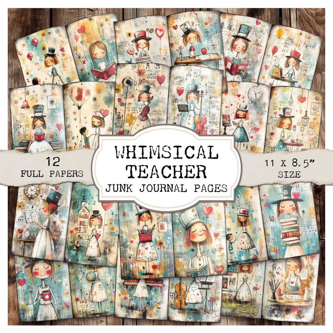 Whimsical Teacher Junk Journal Handmade, Vintage Teacher Pages, Digital ...