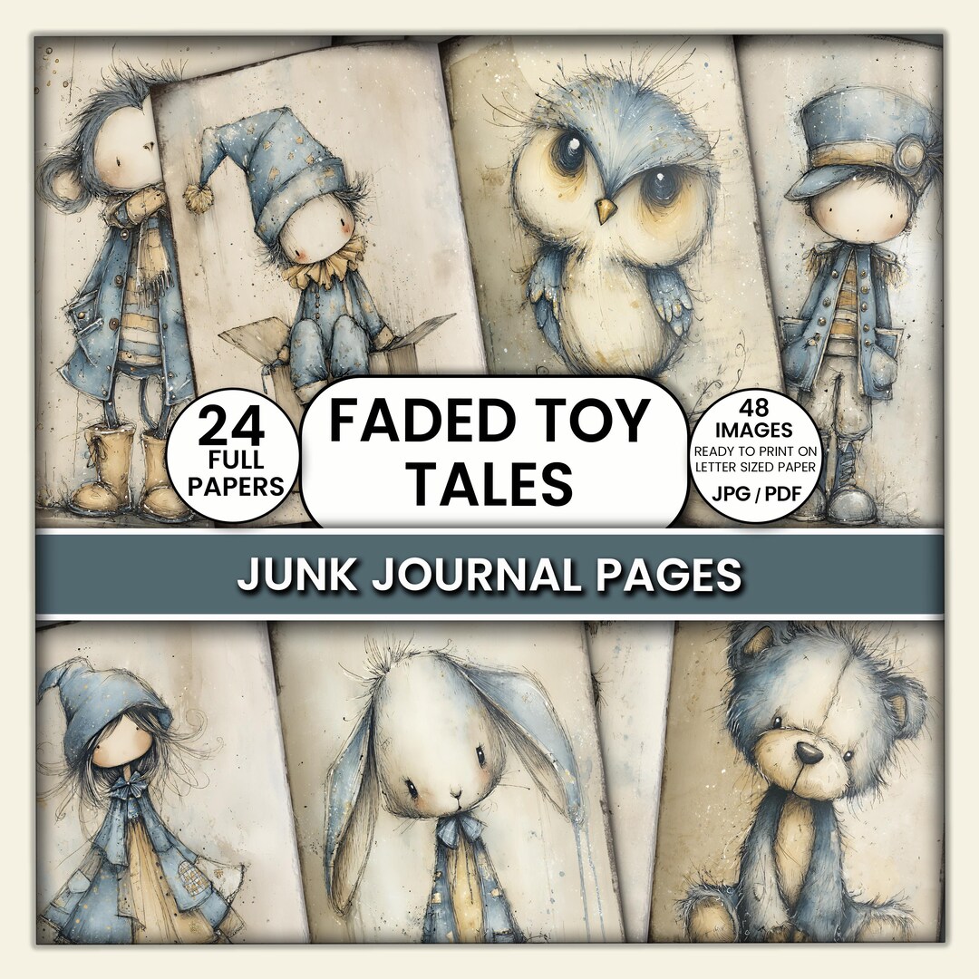 Vintage Toy Junk Journal Pages, Faded Toy Tales, Blue Watercolor Plush ...