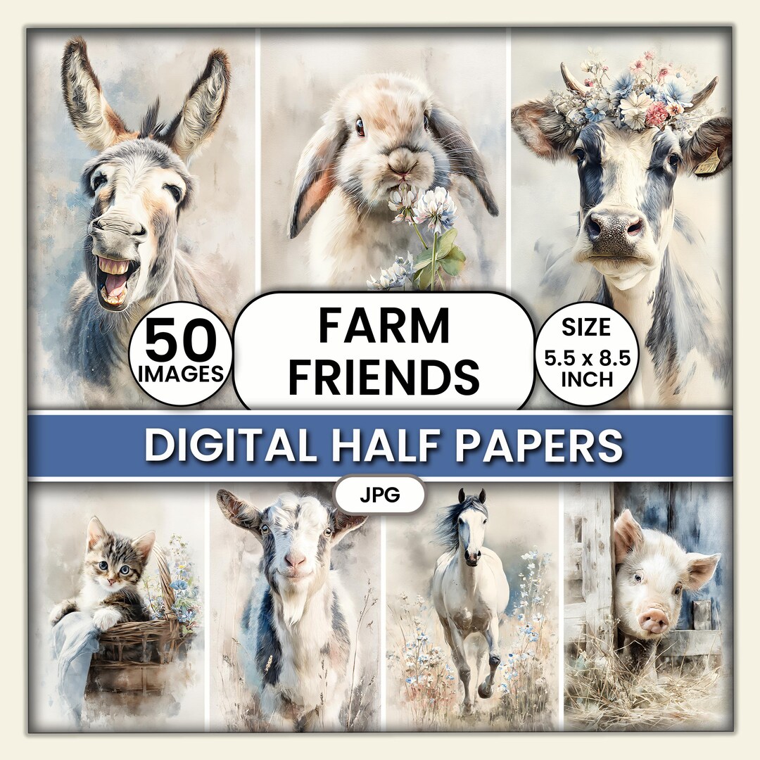 Farm Friends Digital Half Papers – JPG Images, 5.5” X 8.5” Printable ...